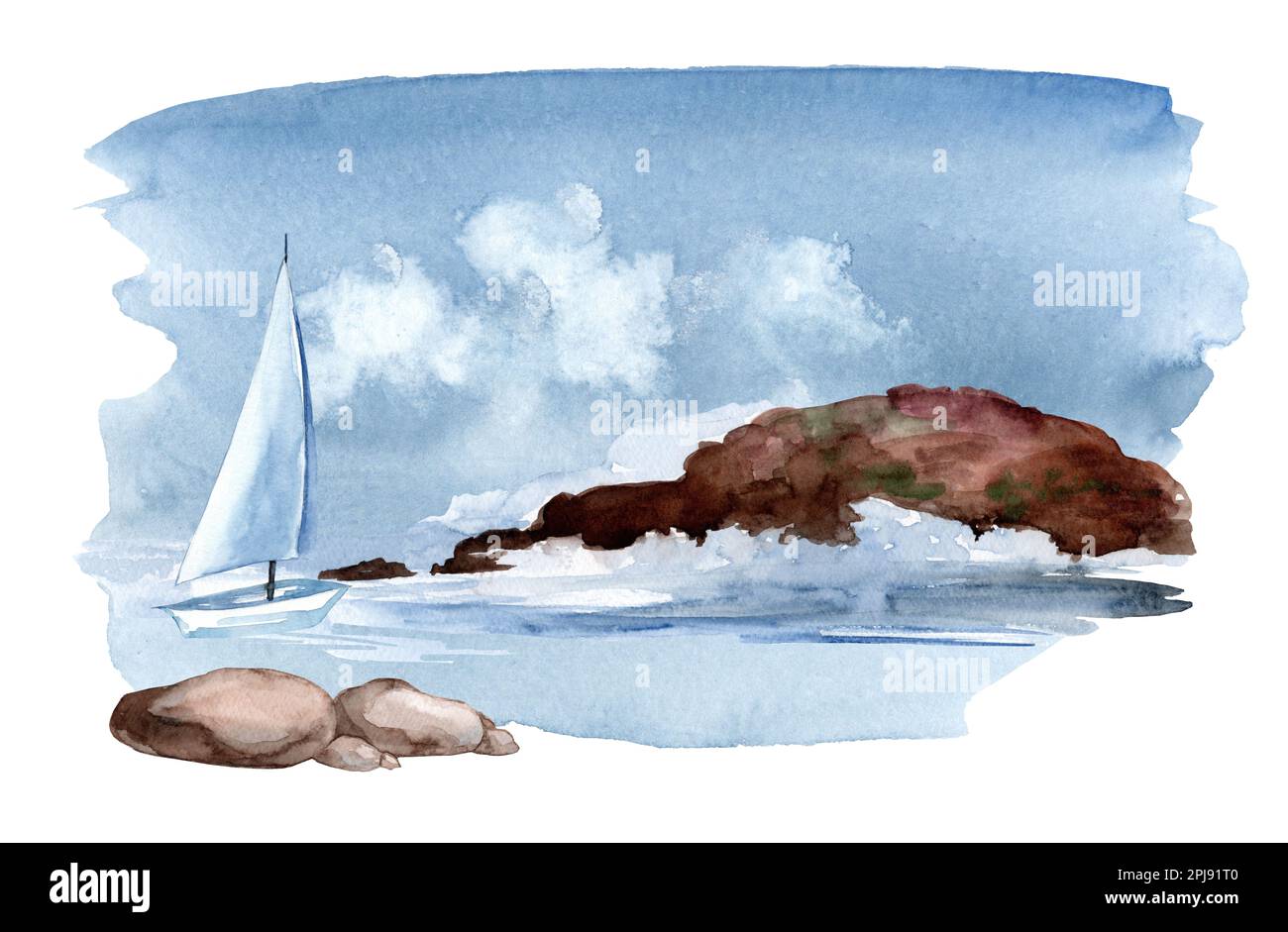 Sea shore. watercolor illustration. Hand drawn beach with sandy beach ...