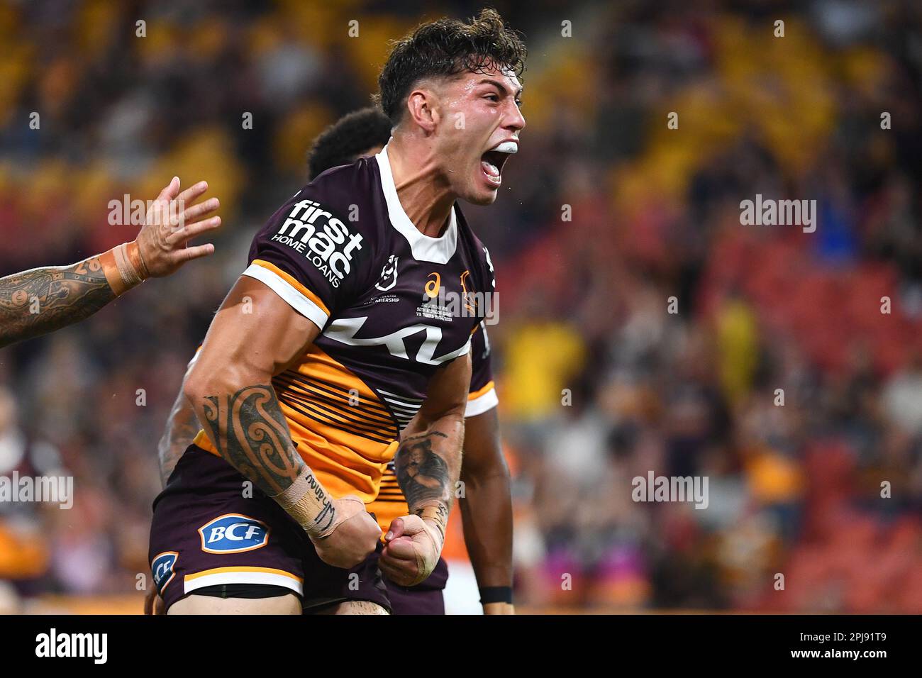 Jordan Riki of the Broncos scores a try during the NRL Round 5 match ...