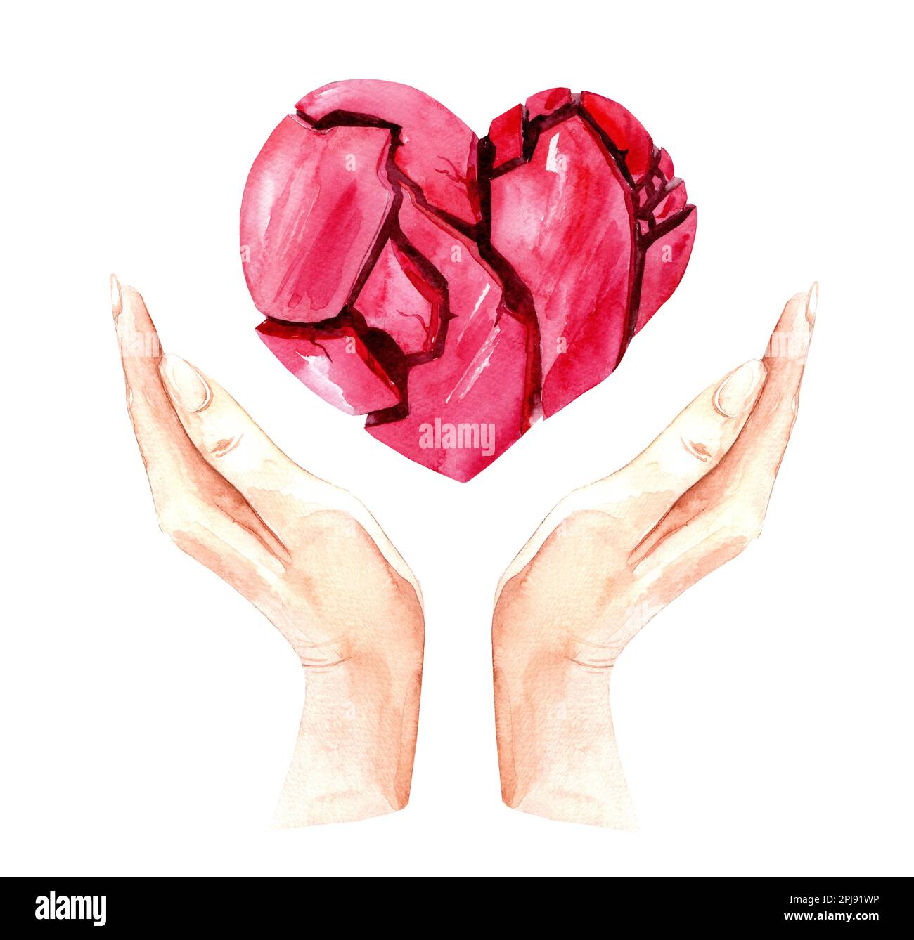 Red broken heart in female hands. Watercolor illustration isolated on ...