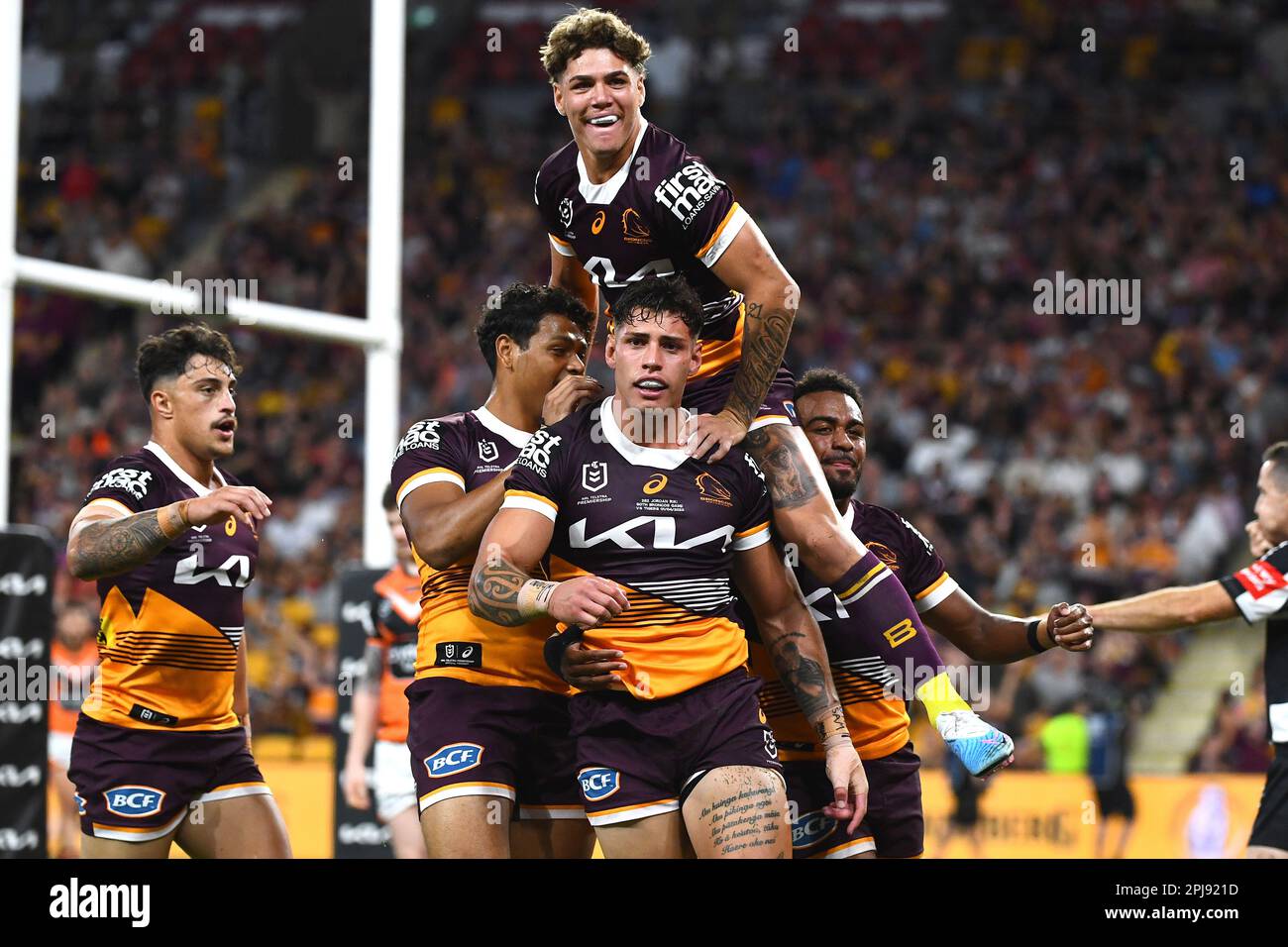 Jordan Riki of the Broncos scores a try during the NRL Round 5 match ...