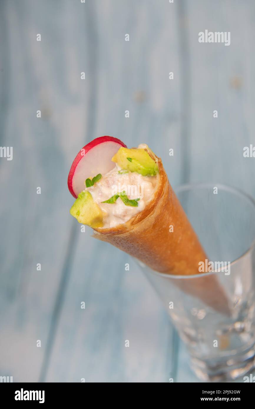 Brick cone with tuna sauce, mayonnaise, avocado and radish slice Stock ...