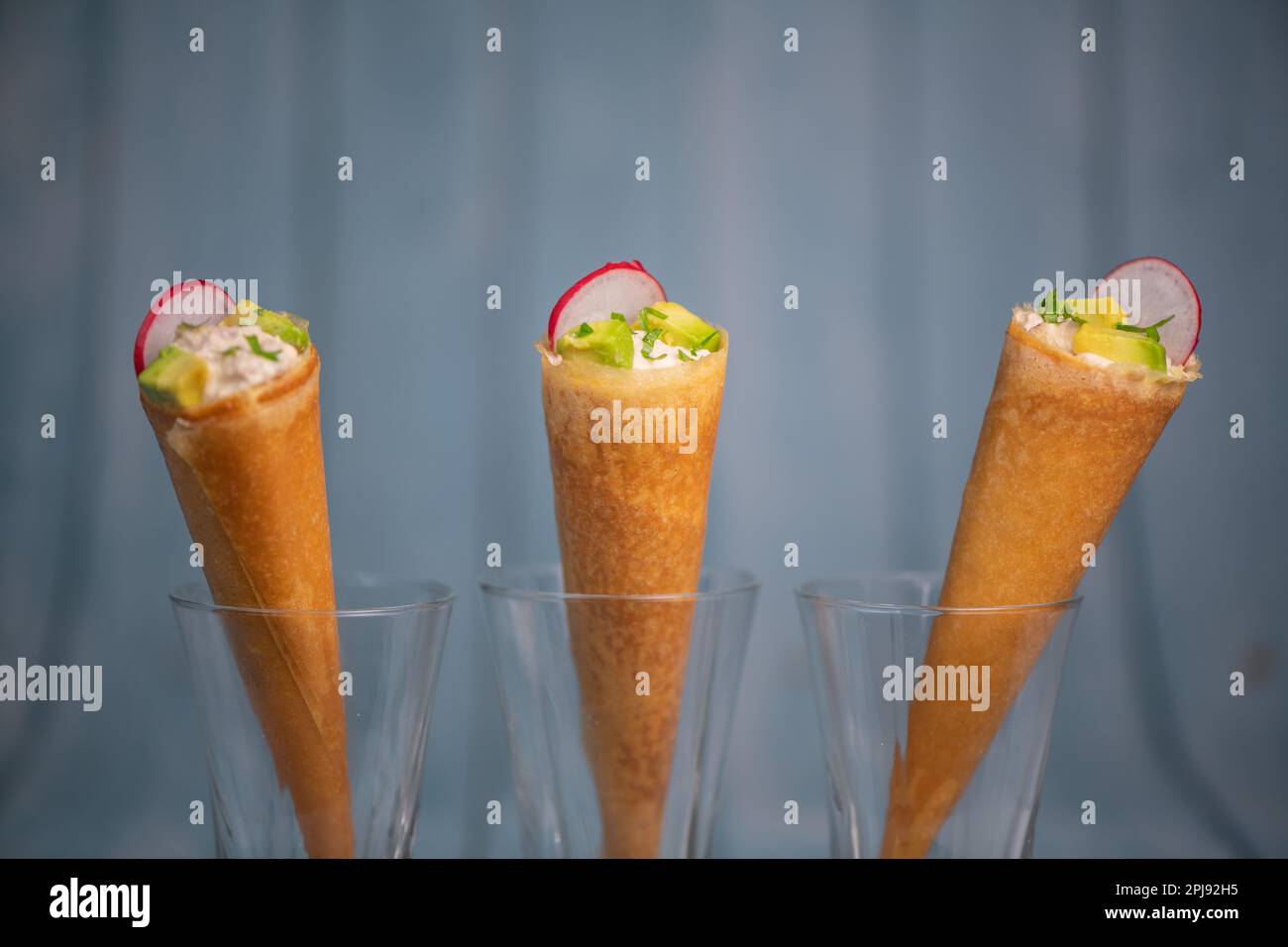 Brick cone with tuna sauce, mayonnaise, avocado and radish slice Stock ...