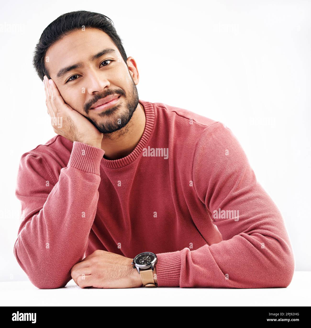 Relax, man and portrait in a studio with a smile looking attractive and ...