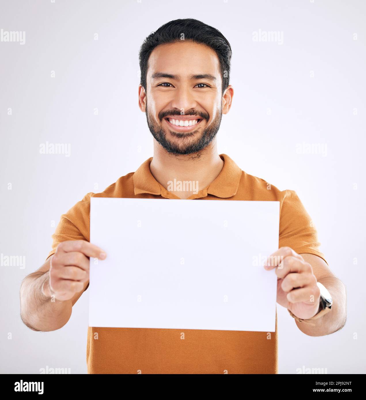 Studio poster, portrait or mockup of happy man, marketing placard or ...