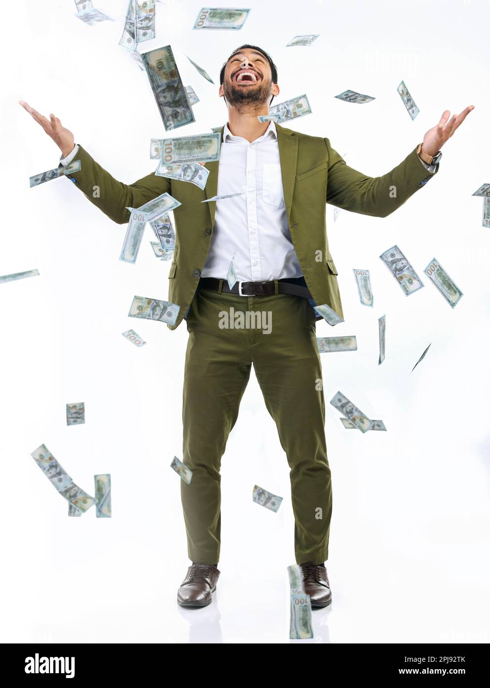 Money confetti, cash and business man on studio background for ...