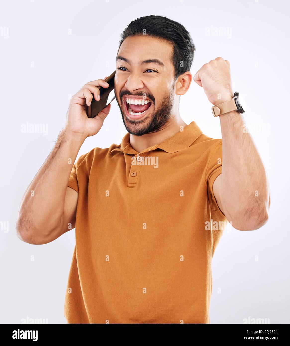 Phone call news, excited and happy man celebrate achievement, winning ...