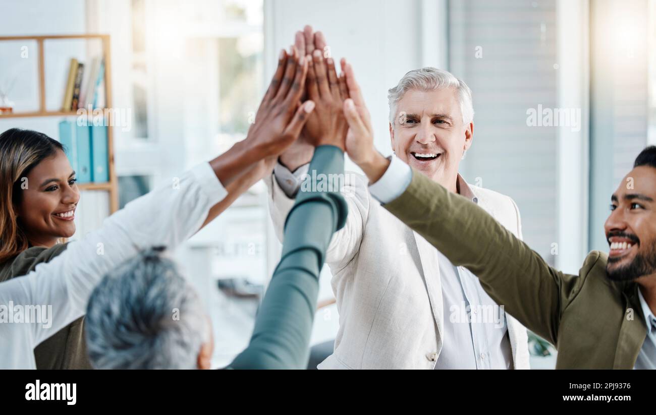 Teamwork, high five and hands of business people in office for motivation, support and success ...