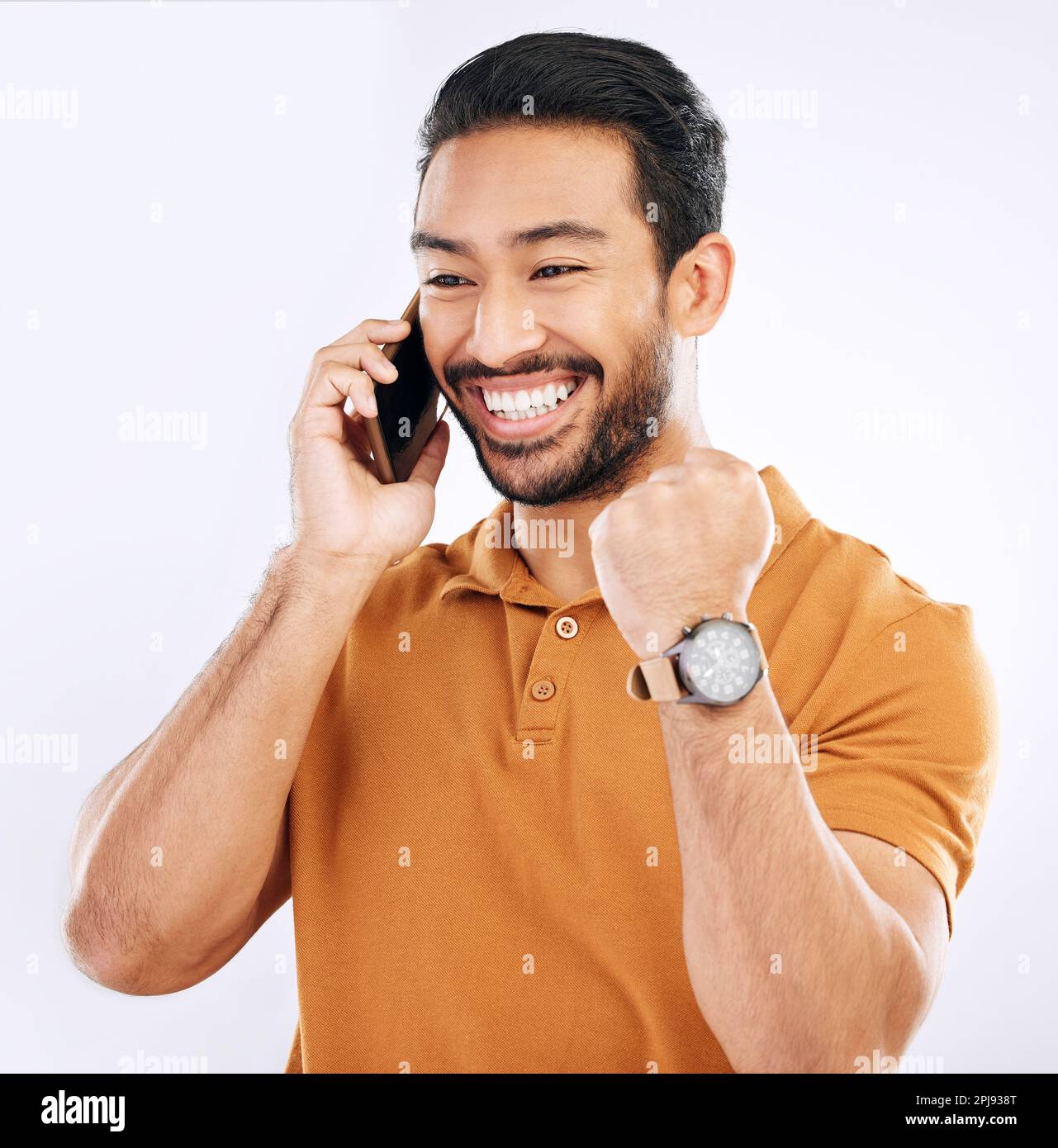 Phone call communication, studio news and happy man celebrate ...