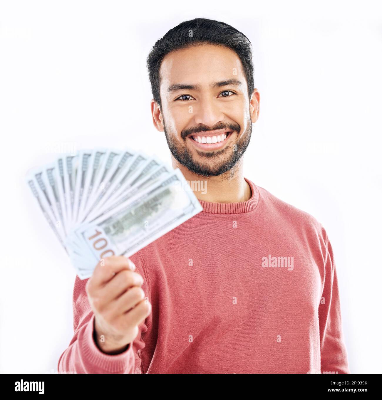 Cash, money and portrait of man investor on white background for ...