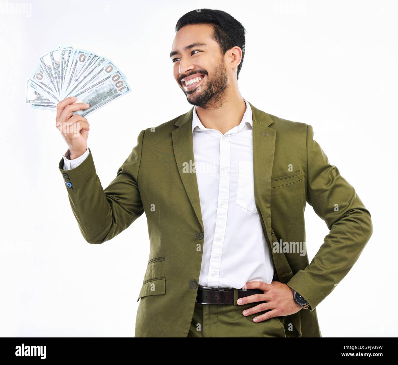 Investment, money and business man with cash on studio background for ...