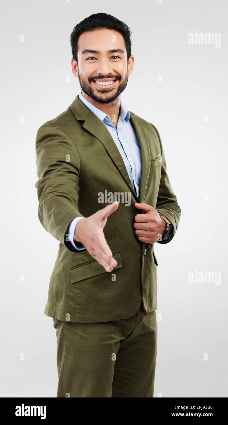 Business portrait, happy man and studio handshake gesture for ...