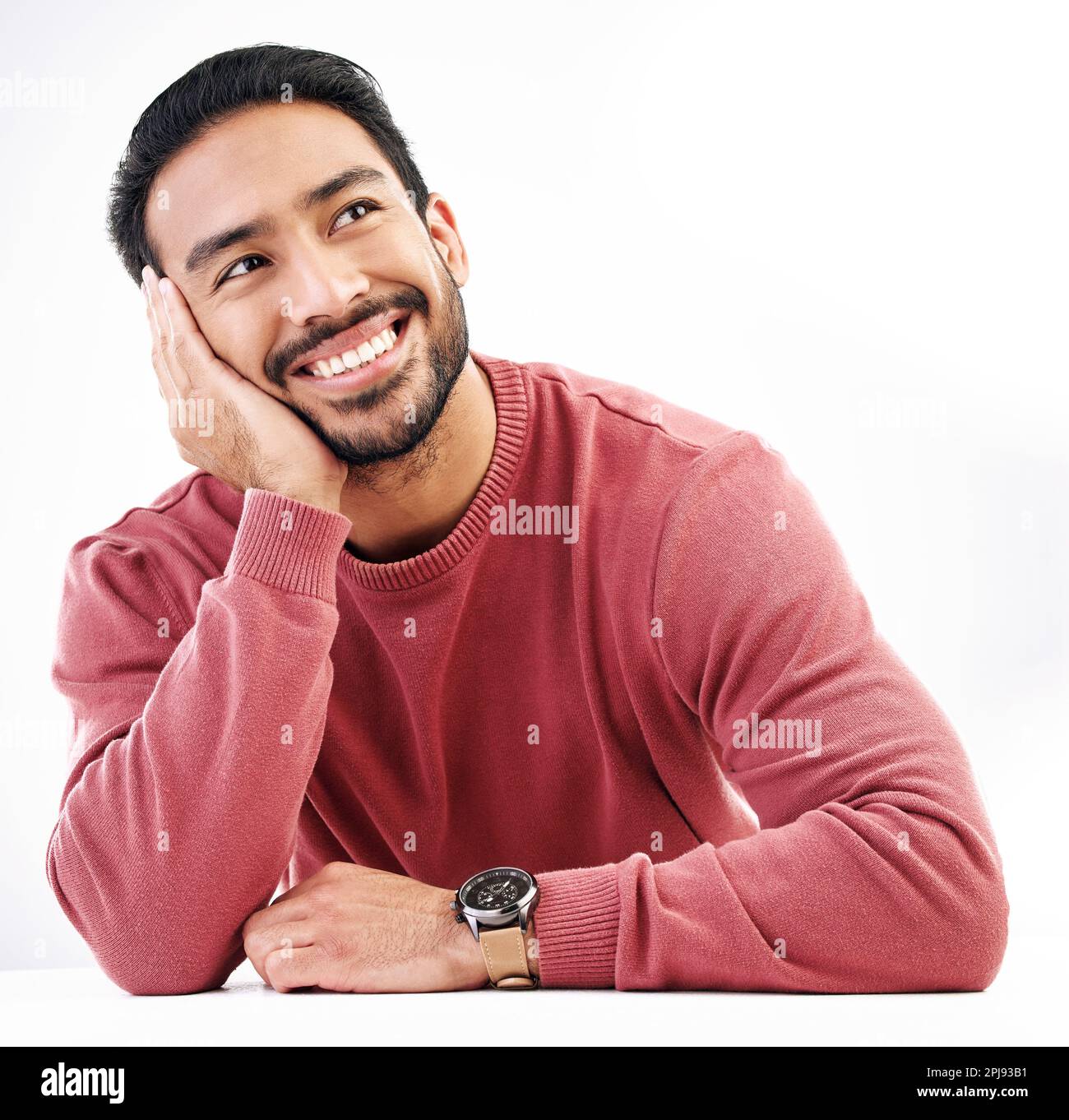 Happy, ideas and Asian man thinking, decisions and creative isolated on ...