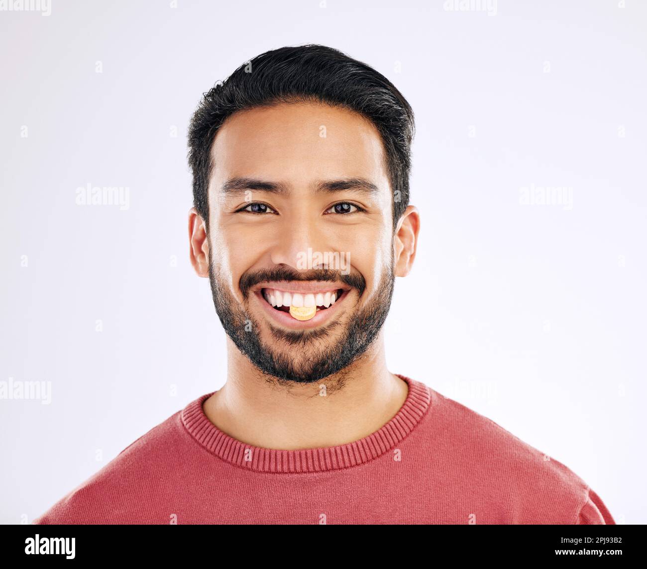 Vitamin pill, man and portrait with health supplement, prescription and ...