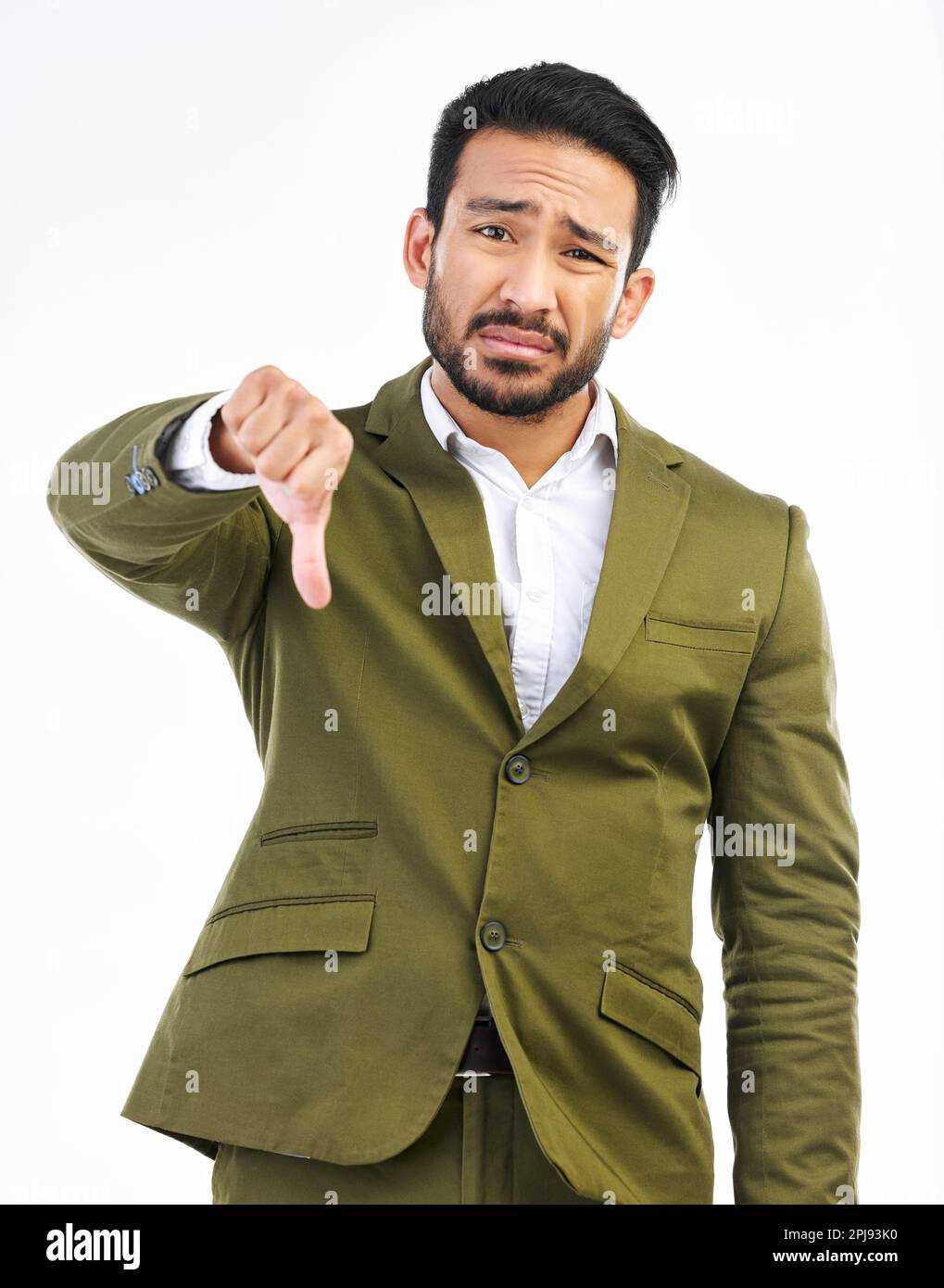 Thumbs down, business man and sad portrait in a studio with bad ...