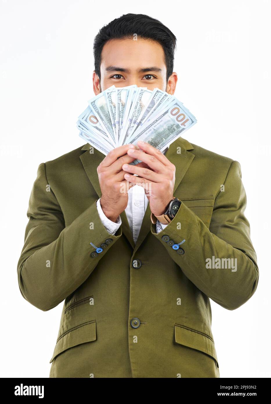 Money, cash and portrait of business man on studio background for ...