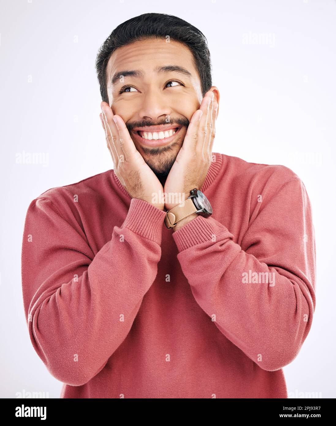 Happy, smile and man in a studio looking cute and handsome while ...