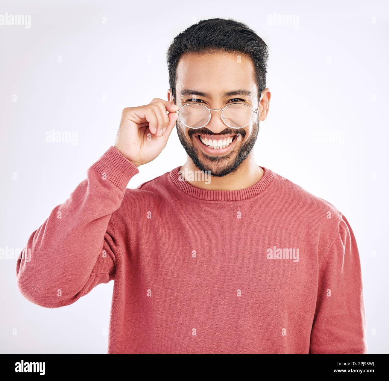 Glasses, happy man and portrait in a studio with a smile from vision ...
