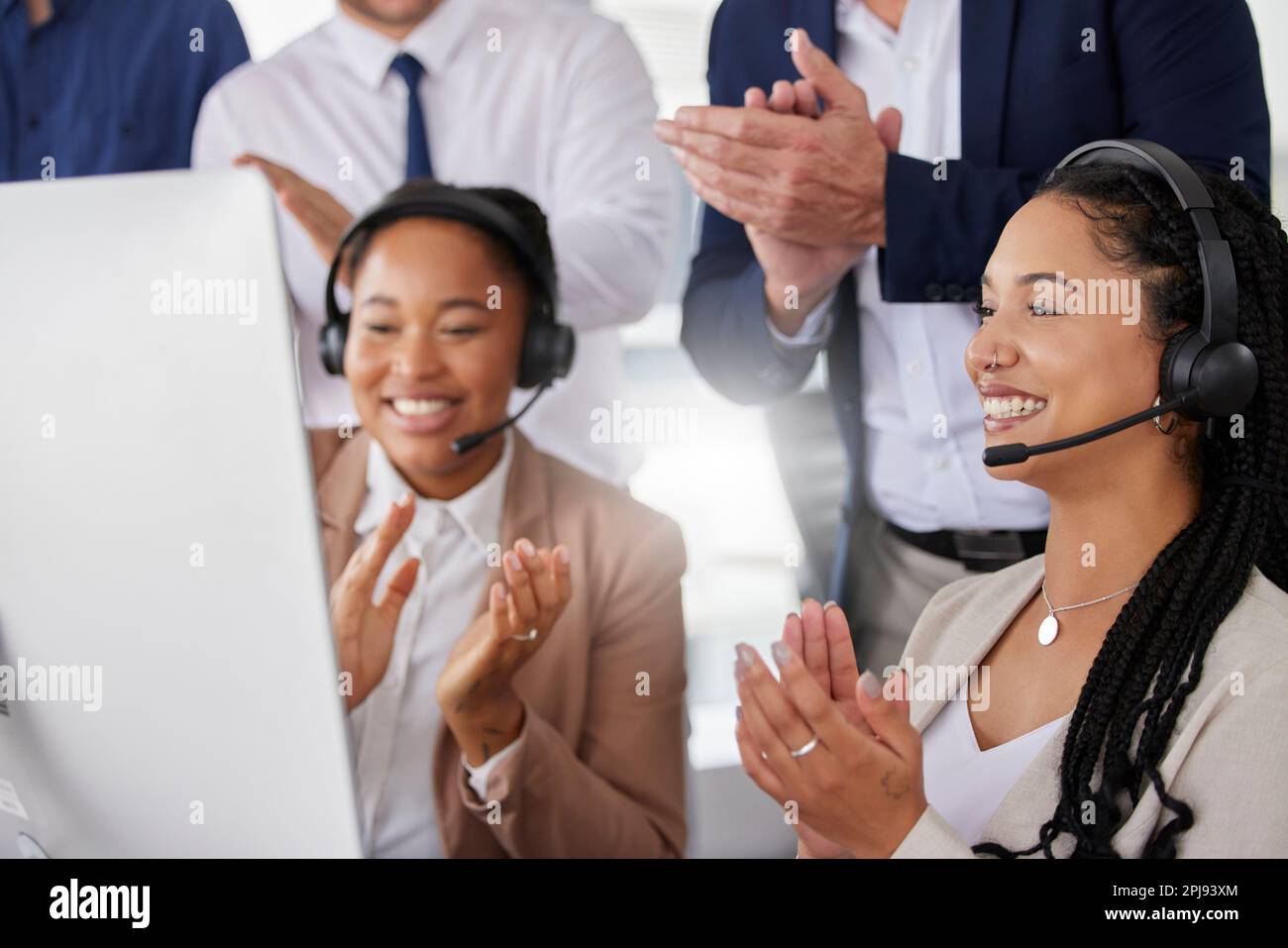 Women, call center and applause in office with teamwork, celebration ...