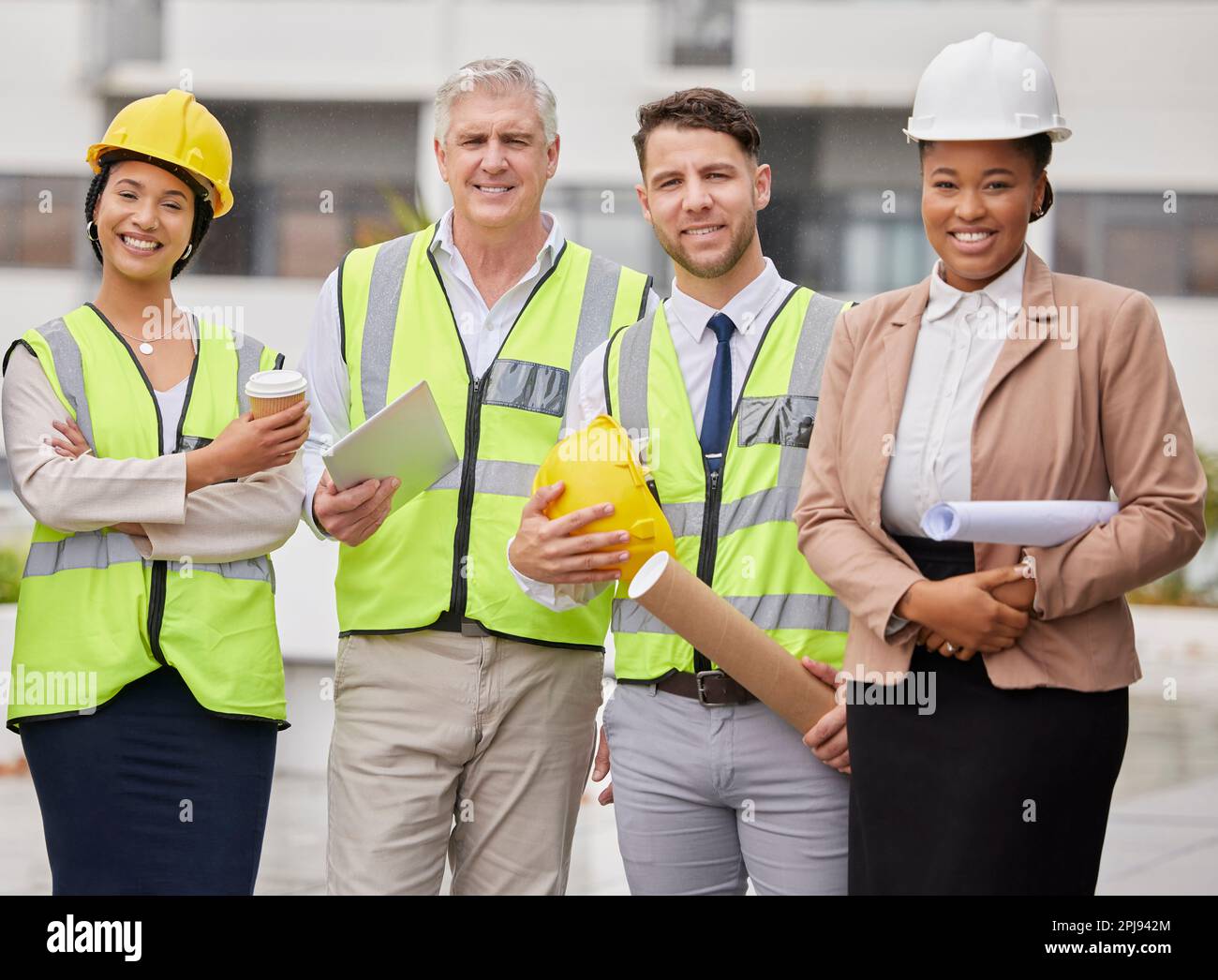 Construction site, portrait and team at a building for planning ...