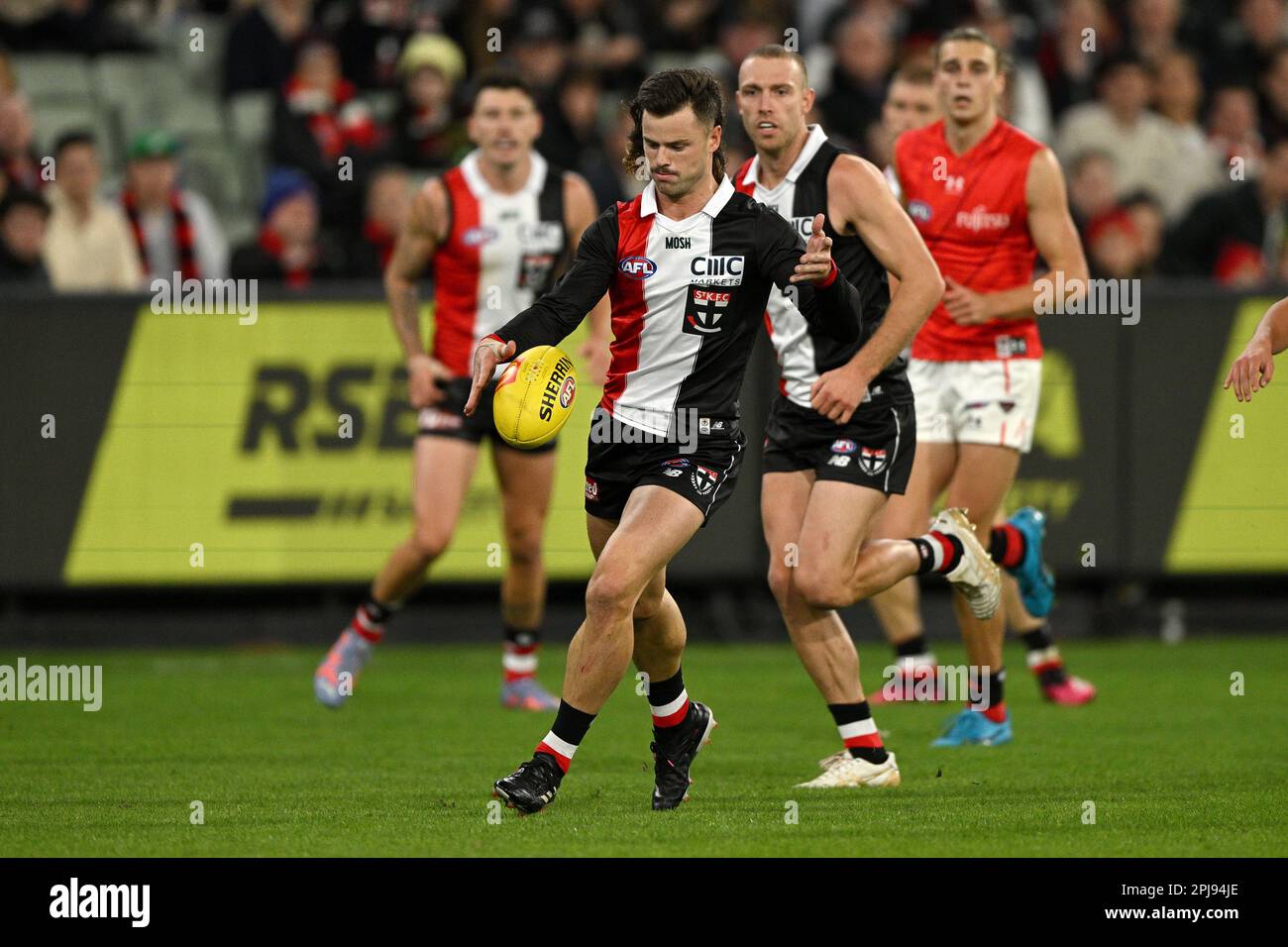 Jack Sinclair of the Saints kicks the ball during the AFL Round 3 match ...