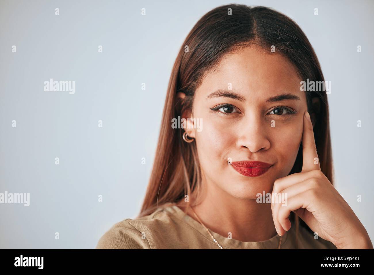 Thinking, woman portrait and happy face closeup of a young female with ...