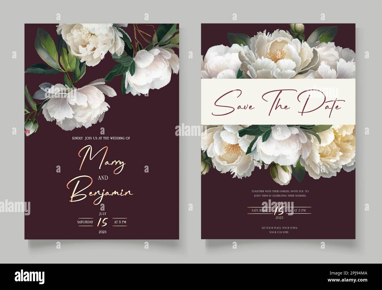 Wedding invitation with watercolor white Peony flowers and leaves ...