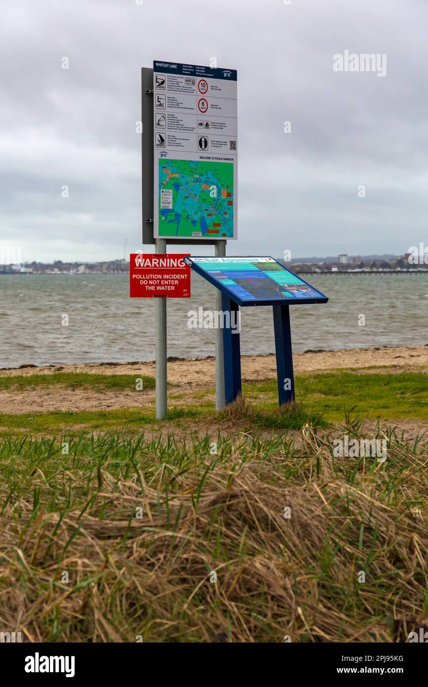 Sandbanks, Poole, Dorset UK. 1st April 2023. Warning pollution incident ...
