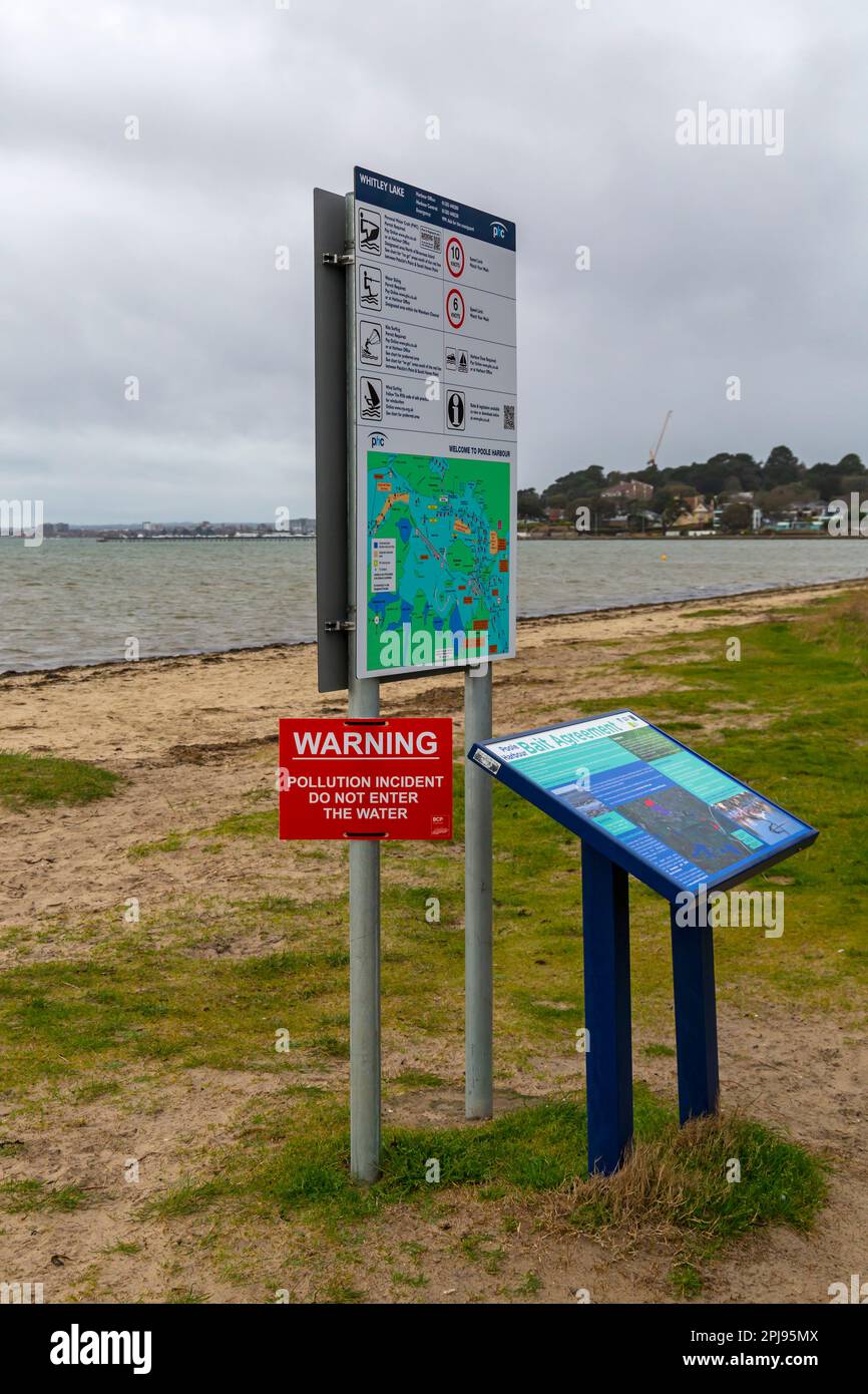 Sandbanks, Poole, Dorset UK. 1st April 2023. Warning pollution incident ...