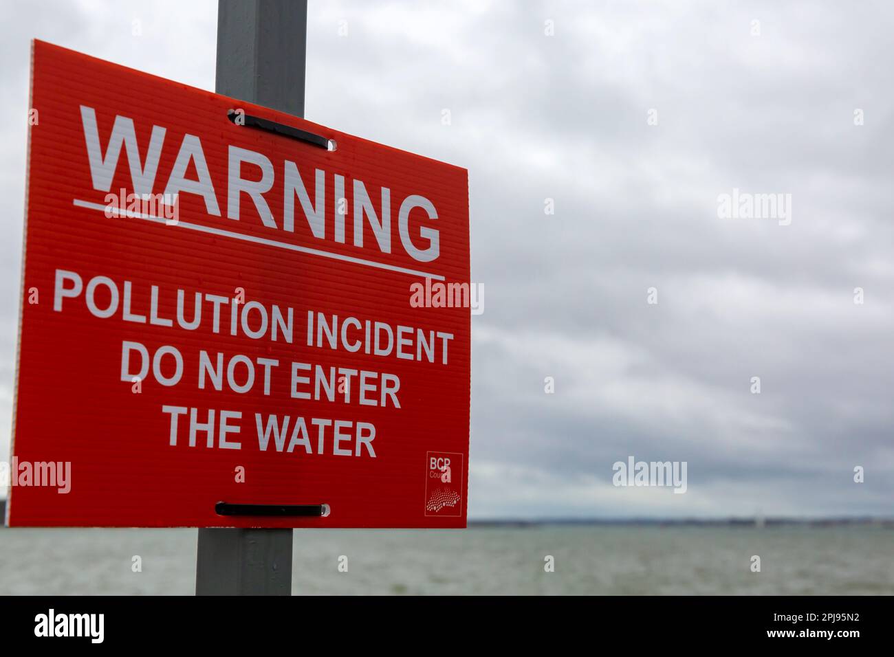 Sandbanks, Poole, Dorset UK. 1st April 2023. Warning pollution incident ...