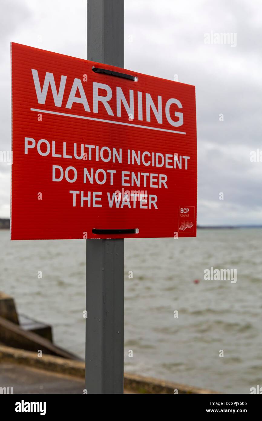 Sandbanks, Poole, Dorset UK. 1st April 2023. Warning pollution incident ...