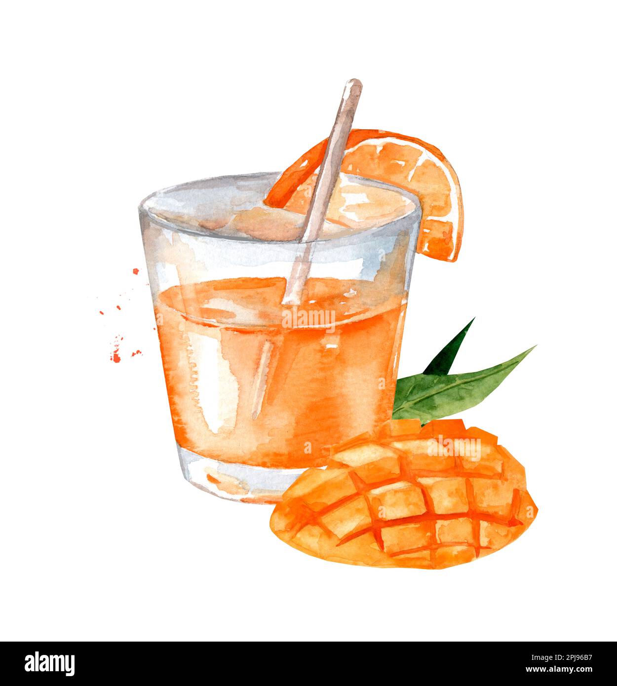 Glass of mango Juice with fresh mango fruit. Watercolor hand drawn ...