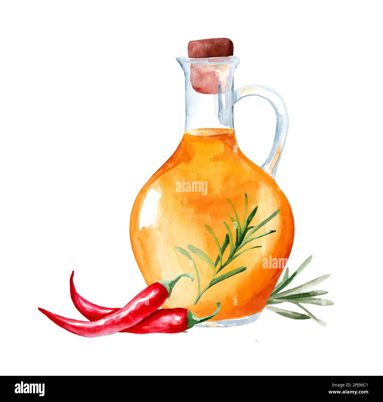 Bottle of fresh olive oil with hot chili and rosemary. Hand drawn ...