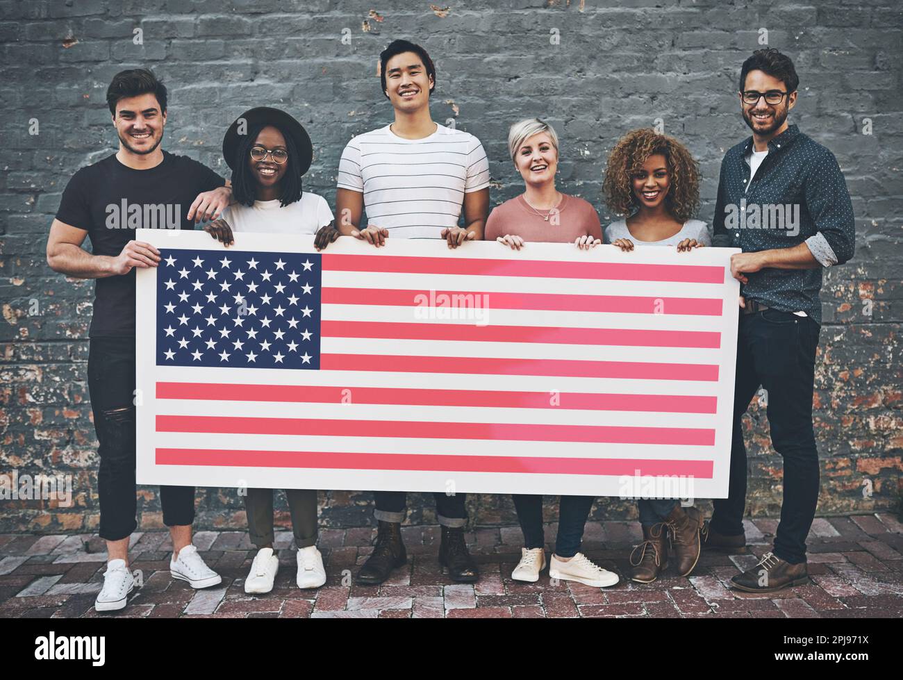 Happy, diversity and people with a USA flag for representation, support ...