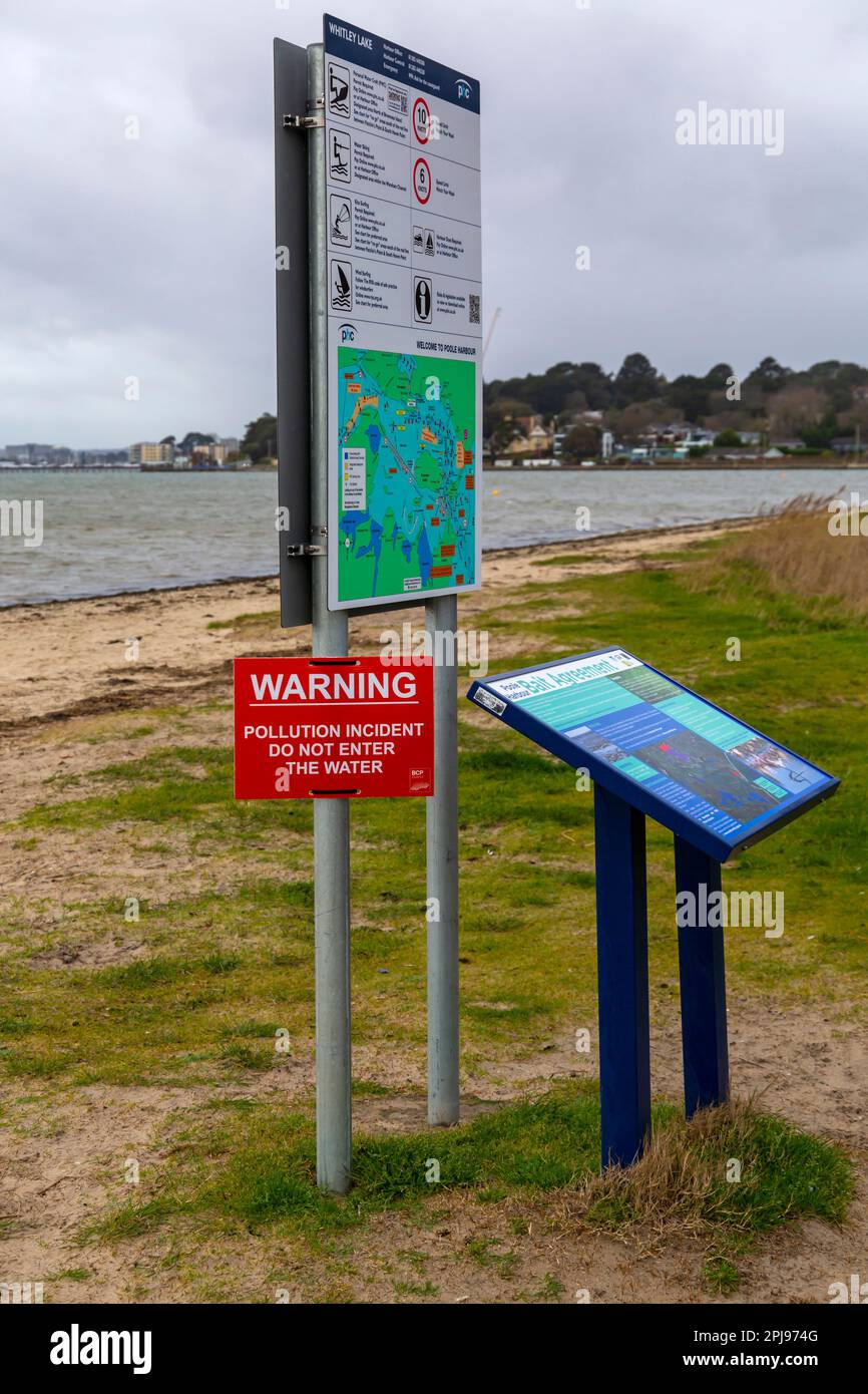 Sandbanks, Poole, Dorset UK. 1st April 2023. Warning pollution incident ...