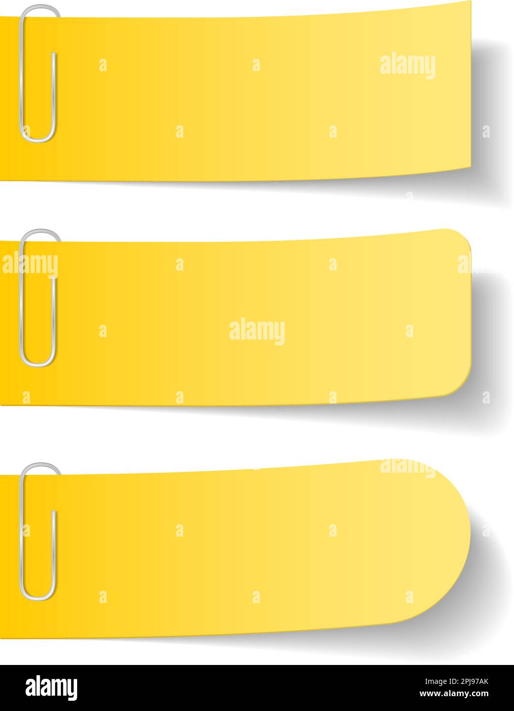 Three yellow paper notes with clips on white background, vector eps10 ...