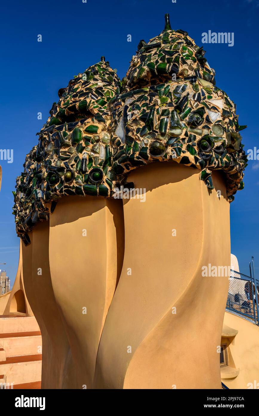 Chimneys in the shape of warrior soldiers on the rooftop terrace of ...