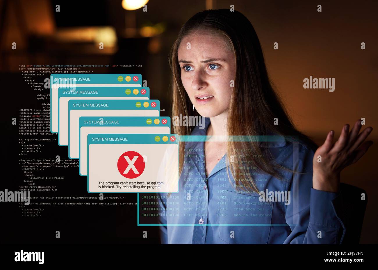 System, software and woman with error, message and glitch in workplace with cyber security at ...