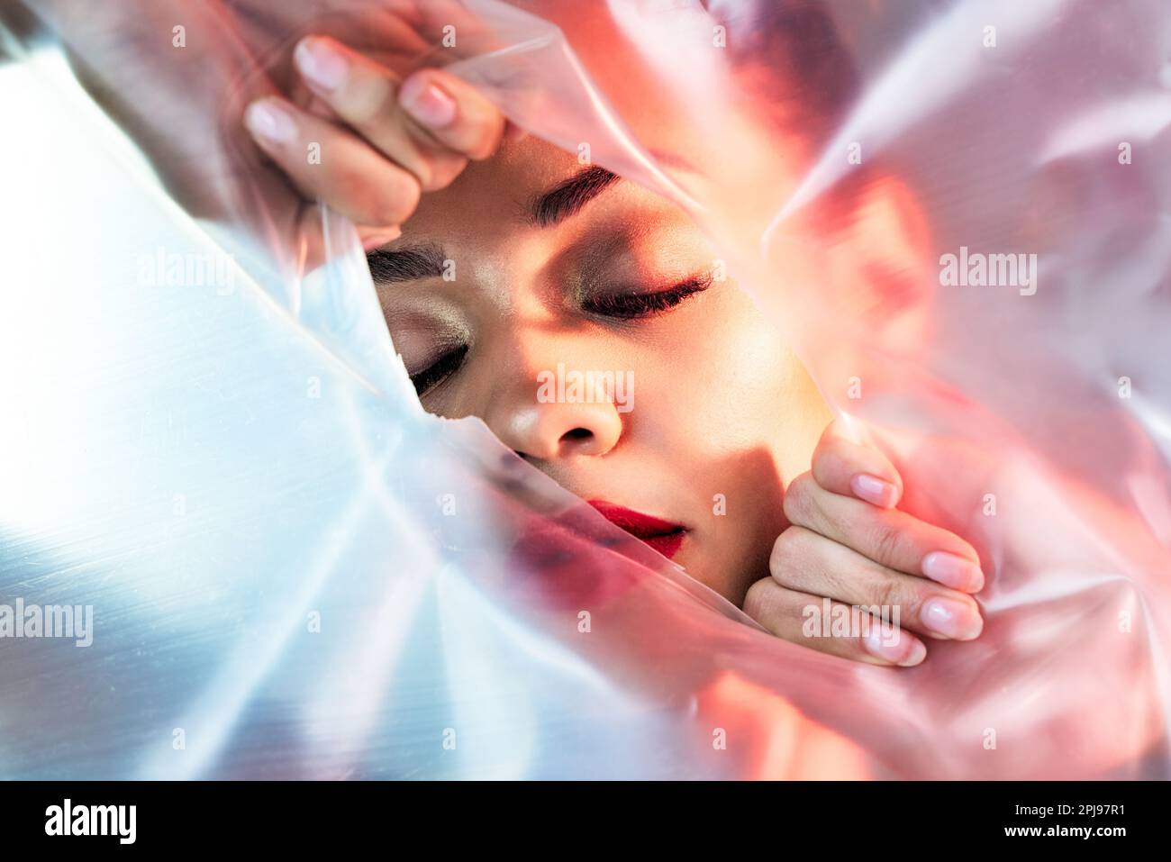 Plastic, woman face and cosmetics breakthrough of a female with ...