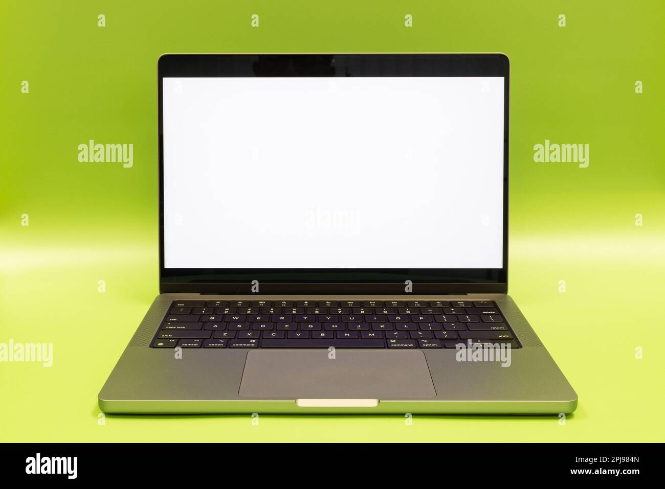 Modern metal laptop or notebook computer on a green background. White ...