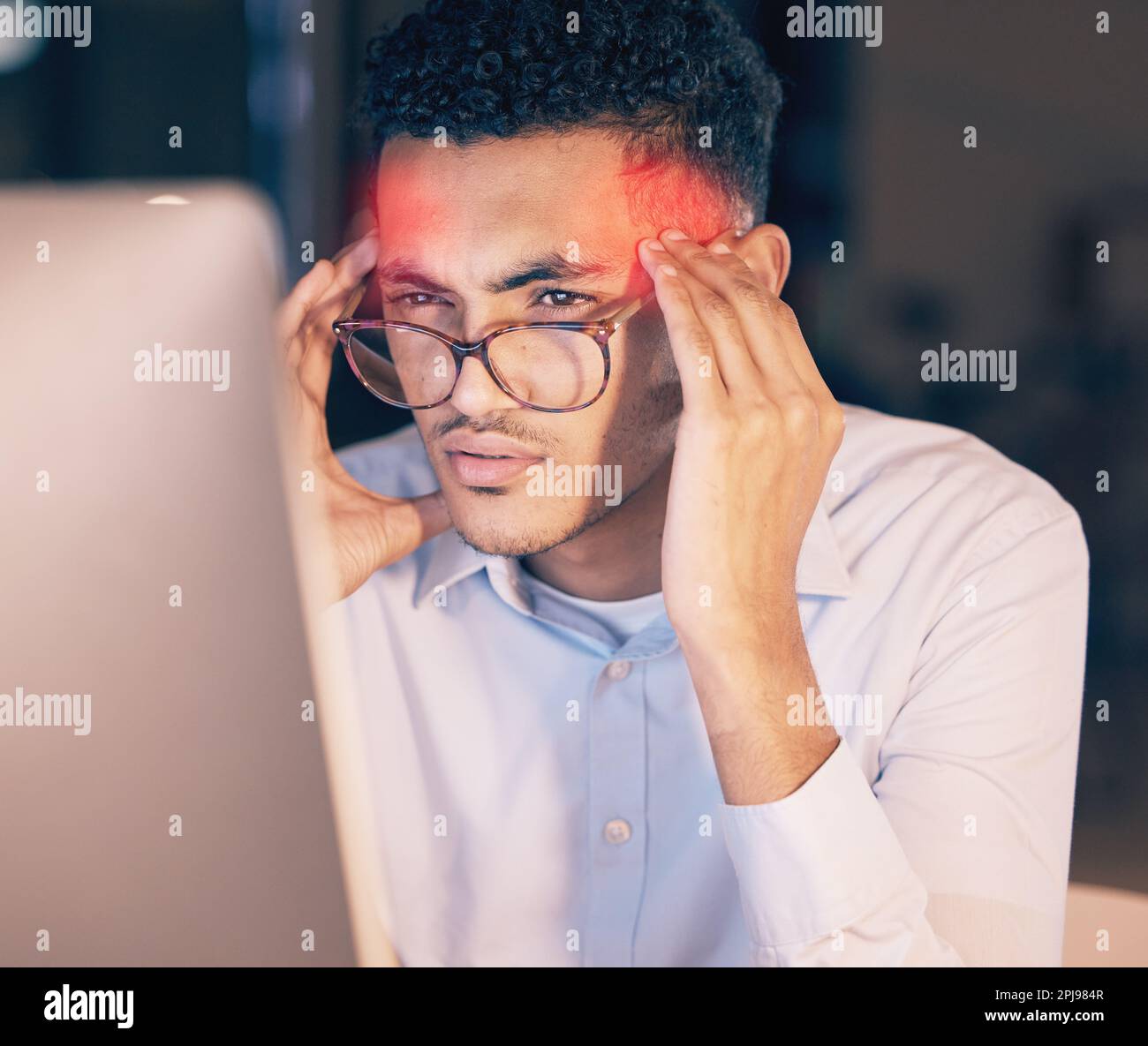 Man, headache and computer in stress, burnout or suffering pain at ...