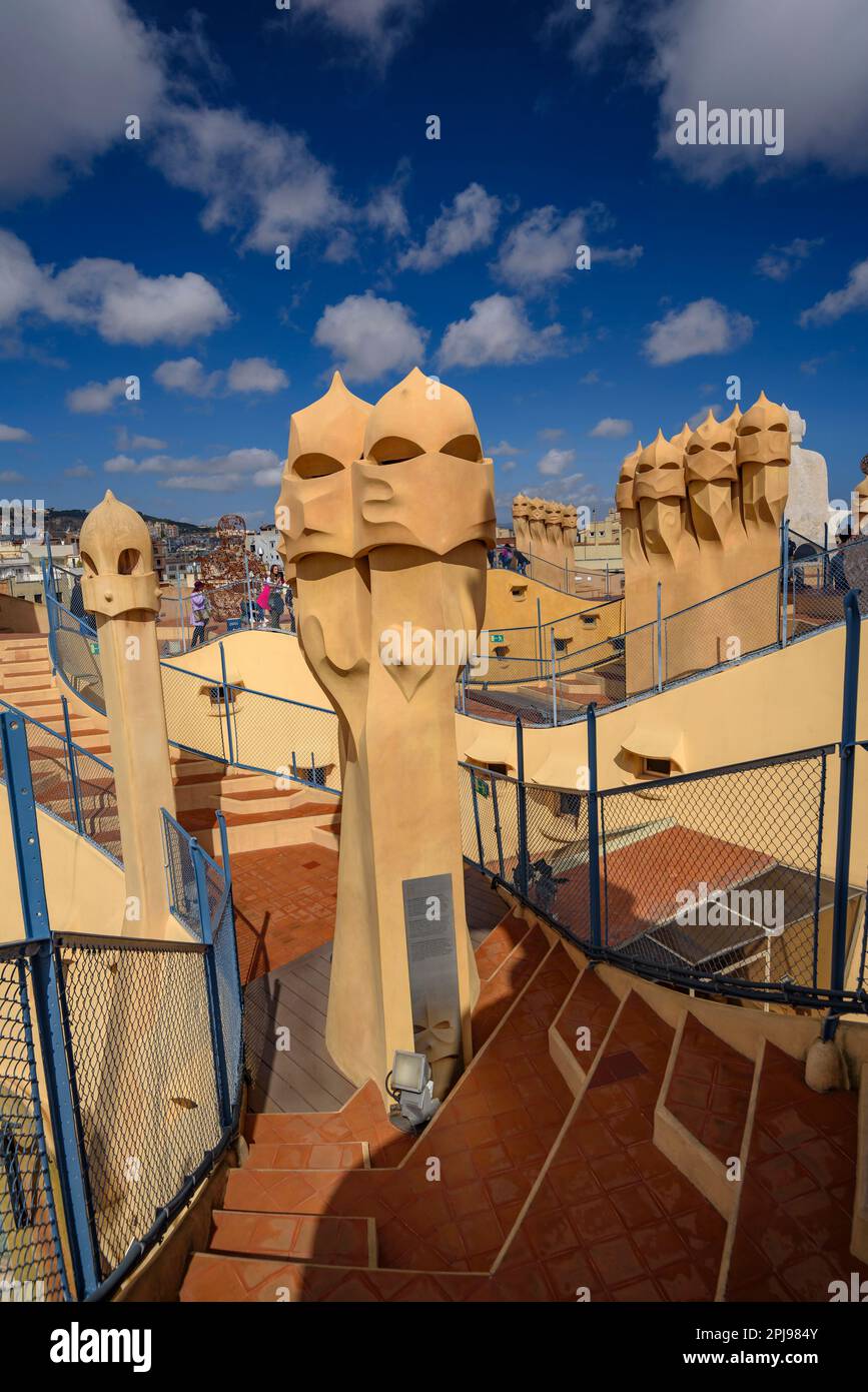 Chimneys in the shapes of soldiers / warriors on the rooftop of Casa ...