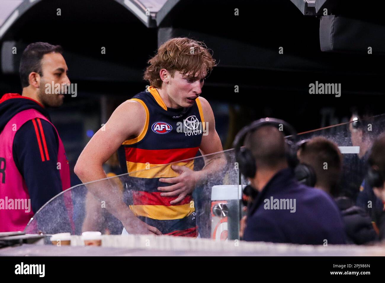 Max Michalanney of the Crows leaves the field injured after being ...