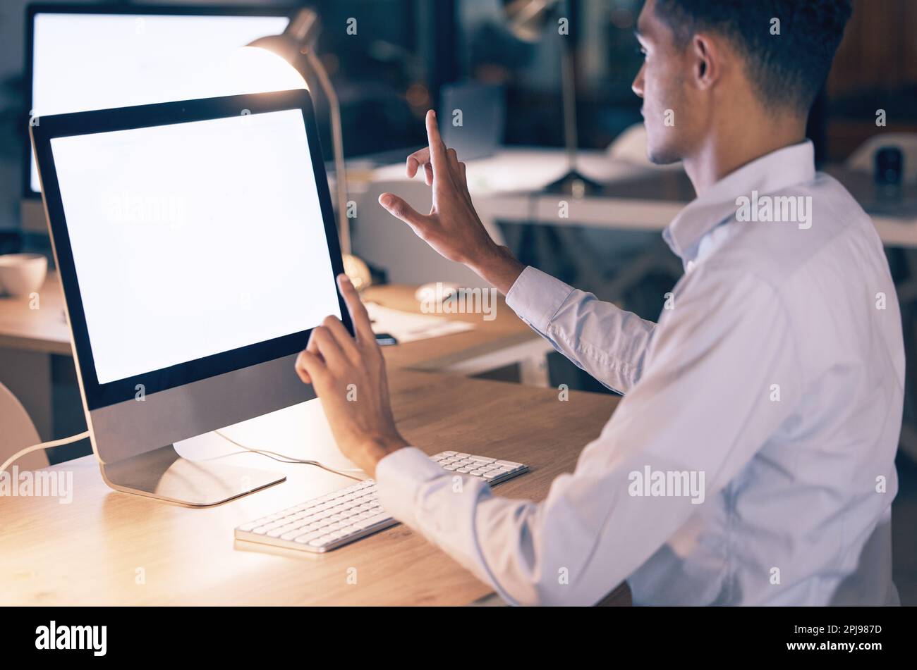 Night business, man and computer mockup for interactive user interface, web design and ...