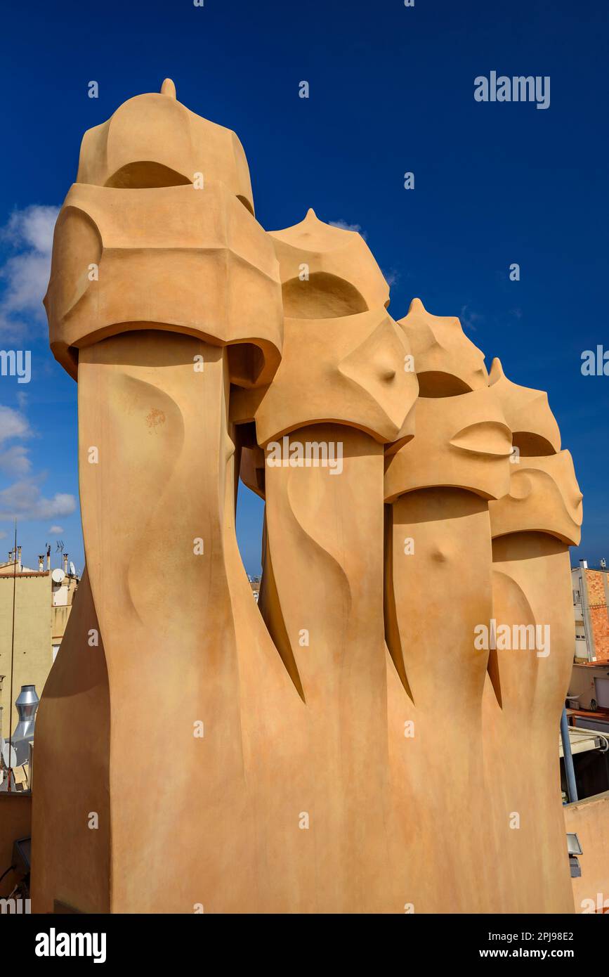 Chimneys in the shapes of soldiers / warriors on the rooftop of Casa ...