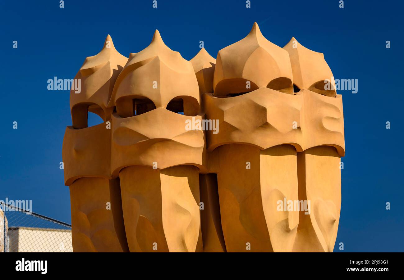 Chimneys in the shapes of soldiers / warriors on the rooftop of Casa ...
