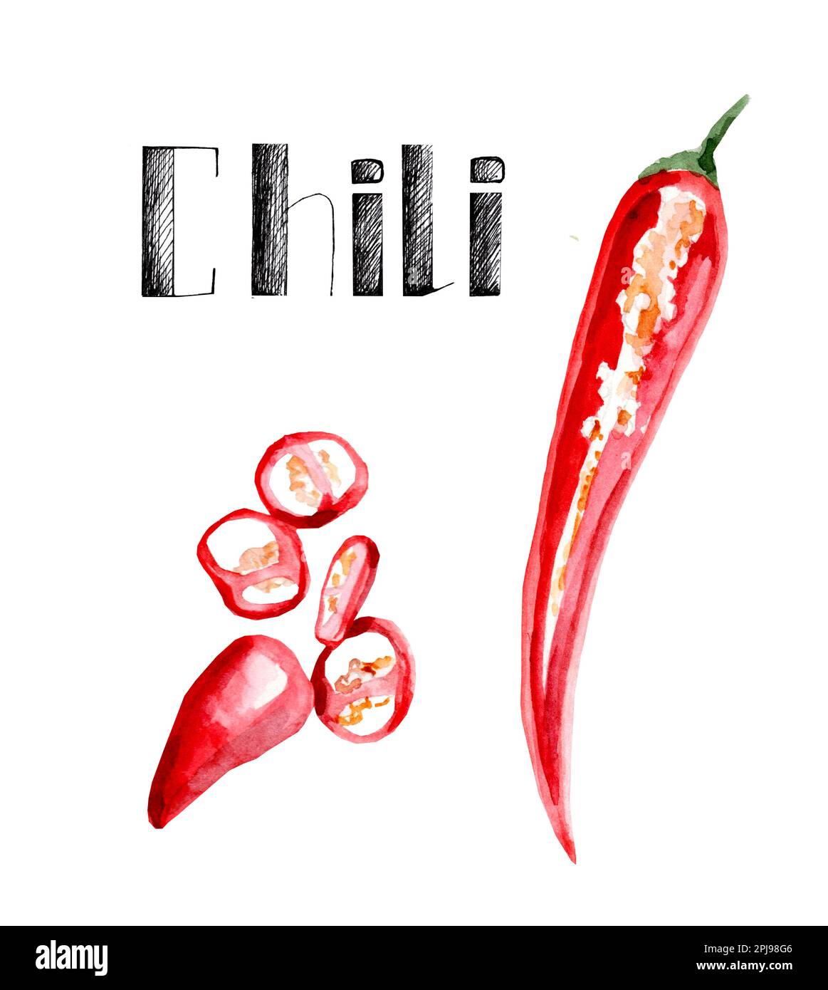 Chili pepper watercolor illustration with lettering. Decoration for the ...