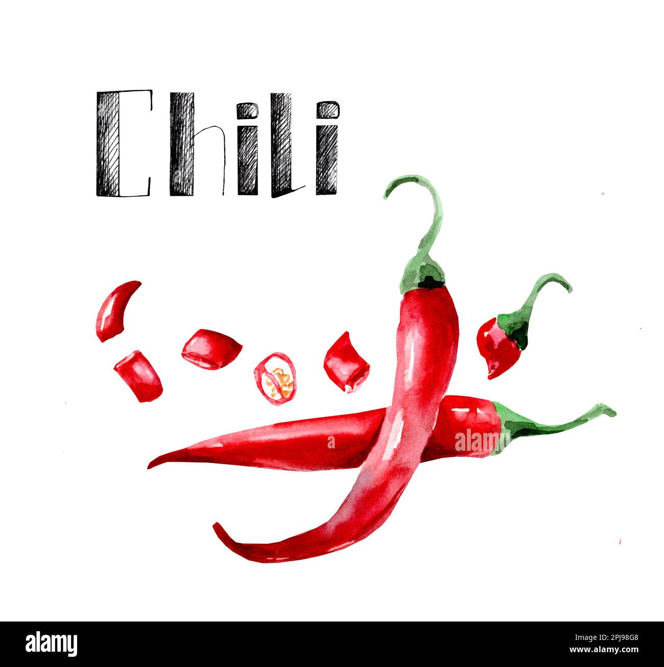 Chili pepper watercolor illustration with lettering. Decoration for the ...