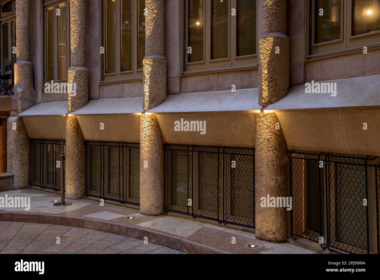 Columns of the interior courtyard of Casa Milà (La Pedrera) at dusk ...