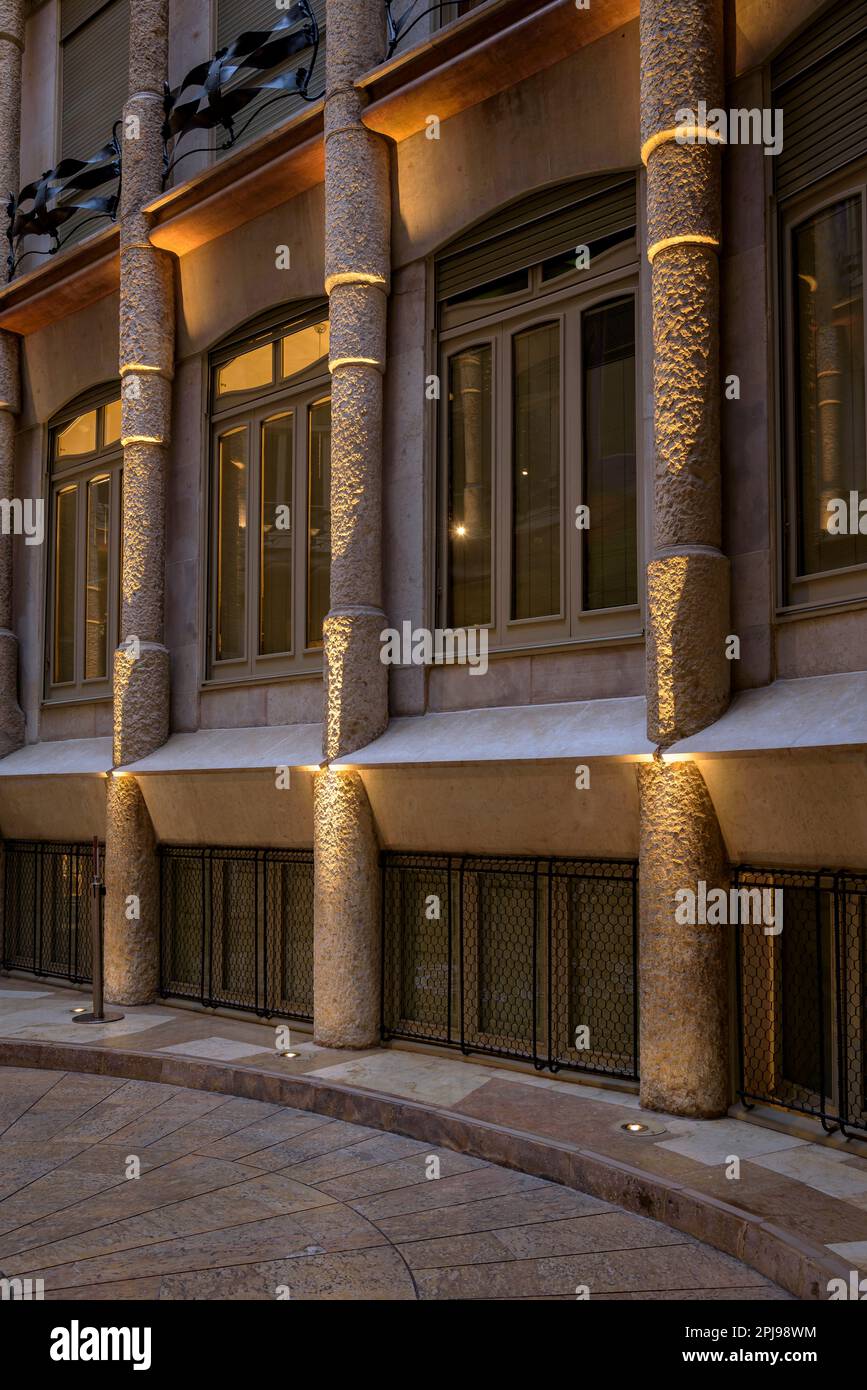 Columns of the interior courtyard of Casa Milà (La Pedrera) at dusk ...
