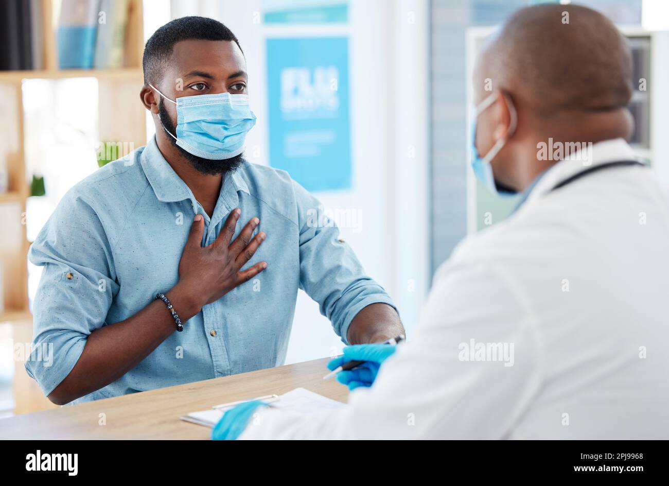 Doctor, chest pain and patient with covid in hospital for symptoms ...